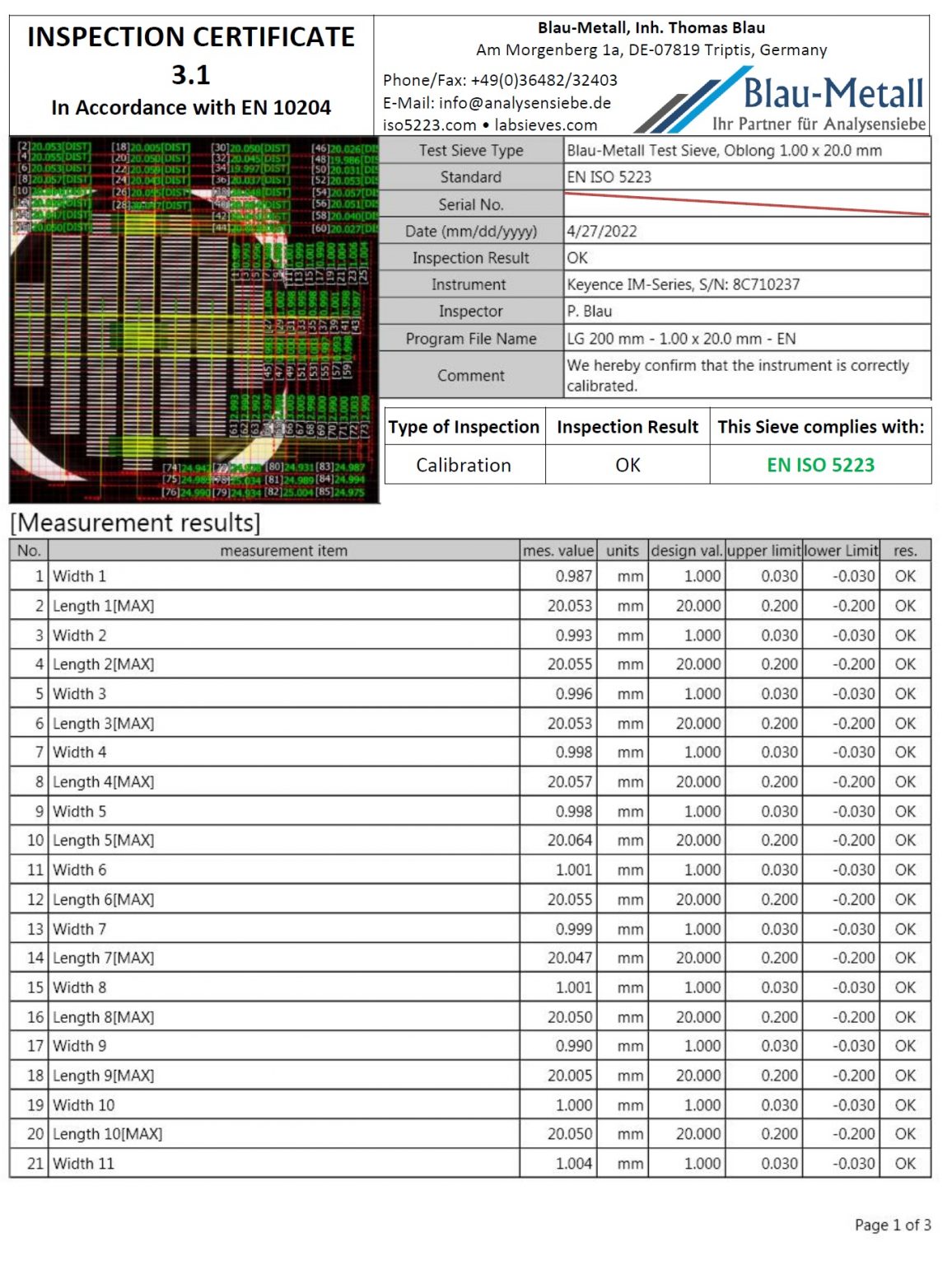 Inspection Certificate 3.1 Grain SieveSample | Blau-Metall Laboratory ...
