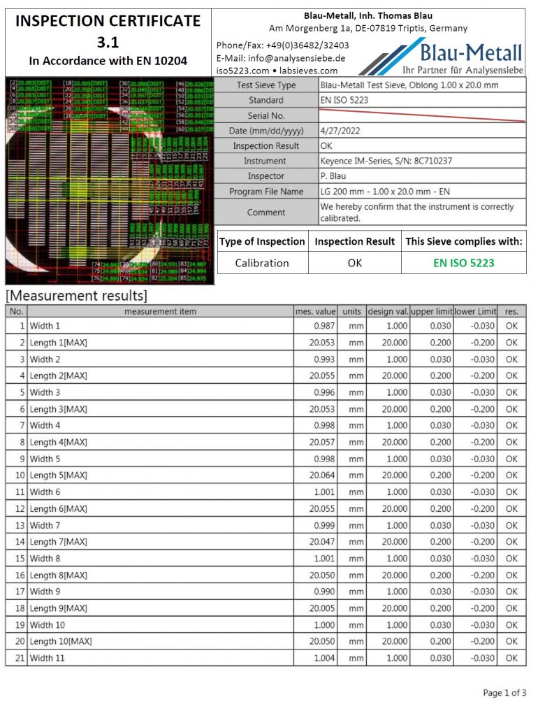 Inspection Certificate 3.1 Grain SieveSample | Blau-Metall Laboratory ...